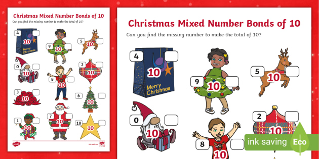Christmas Themed Mixed Number Bonds to 10 Worksheet / Worksheet