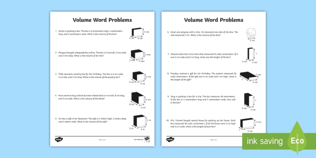 Volume (Metric) Word Problems Worksheet - mathematics, measurement
