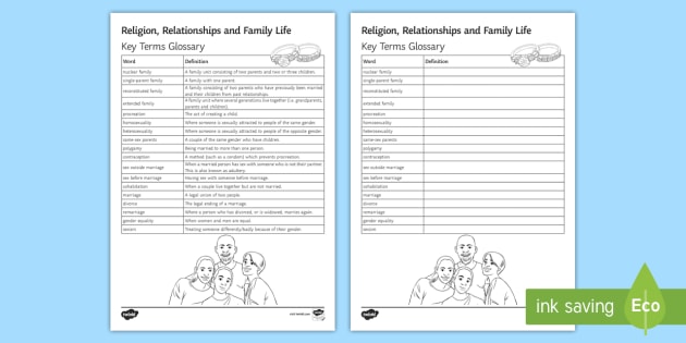 Religion, Relationships and Family Life Key Words Worksheet / Worksheet