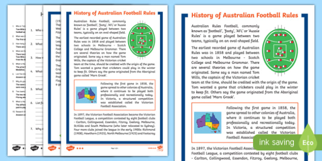 History of AFL Comprehension Challenge Sheet-Australia