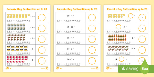 Pancake Day-Themed Subtraction to 20 Worksheets