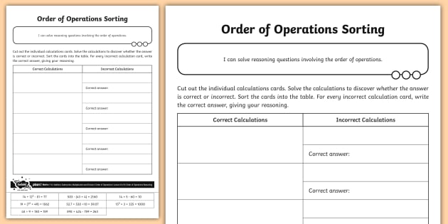 Order of Operations Sorting Worksheet (teacher made)