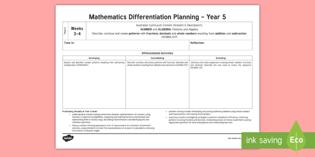 Year 5 Patterns Mathematics Differentiated Plan