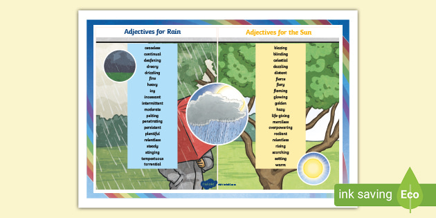 KS2 Adjectives for Sun and Rain Word Mat | Primary Resources