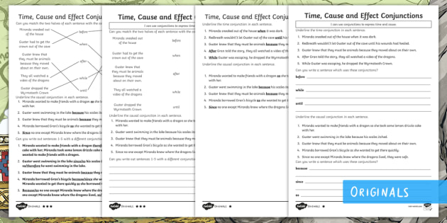 KS2 Conjunctions for Time, Cause and Effect Differentiated Worksheet (KS2