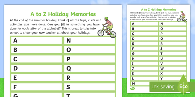 A to Z Holiday Memories Worksheet / Activity Sheet - family