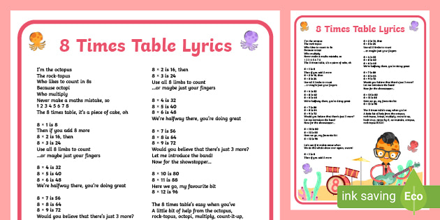 👉 Eight Times Tables Song Lyrics Poster | Twinkl Go!
