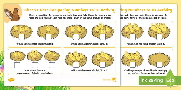 👉 Cheep's Nests Comparing Numbers to 10 Worksheets