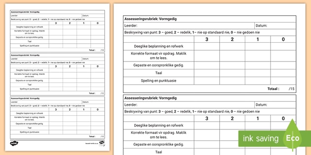 Assesseringsrubriek vir 'n Vormgedig (teacher made)