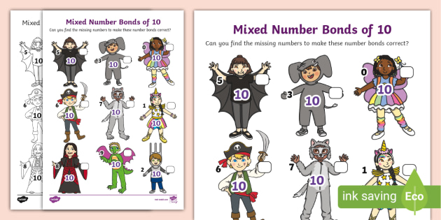 Halloween Themed Mixed Number Bonds to 10 Worksheet / Worksheet