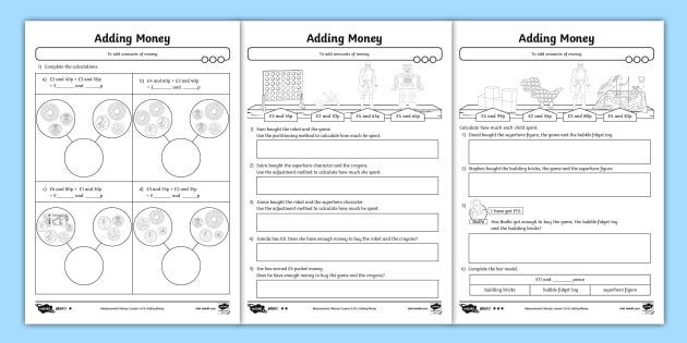 👉 Y3 Money Adding Money PlanIt Maths Differentiated Activity Sheet