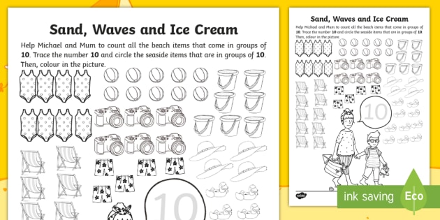 Sand, Waves and Ice Cream Number 10 Counting Worksheet / Worksheet