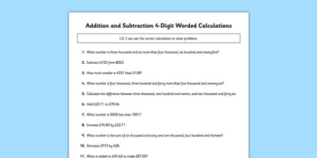 Addition and Subtraction 4 Digit Worded Calculations