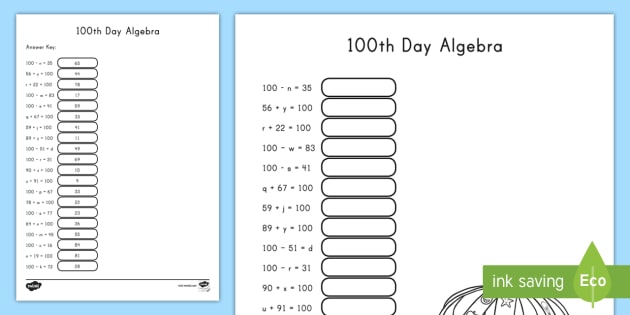 100th Day of School Algebra Worksheet / Activity Sheet - 100th