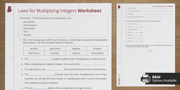 Laws for Multiplying Integers Worksheet - Beyond Maths
