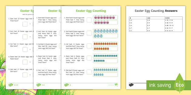 Easter Egg Subtraction by Comparison Differentiated Worksheets