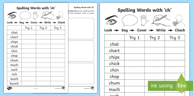 'ch' Spelling List Worksheets (teacher made)