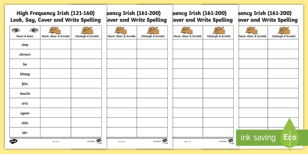 High Frequency Irish Words (121-160) Look, Say, Cover and Write Spelling