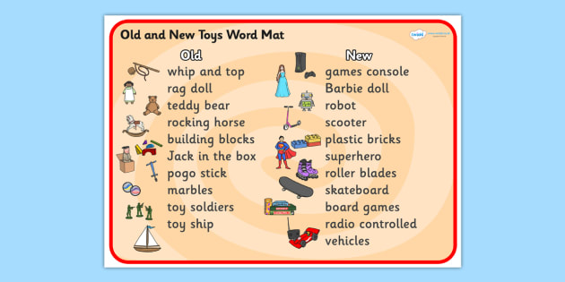 Old and New Toys Word Mat - Toys, word mat, writing aid, robot, doll