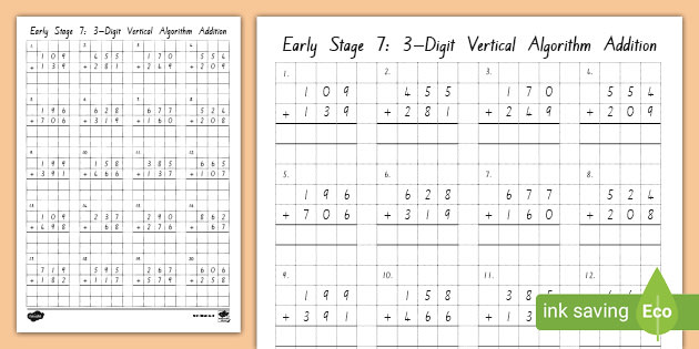 Early Stage 7 3 Digit Vertical Algorithm Addition Activity