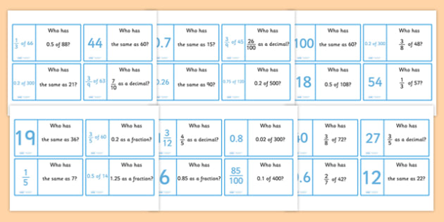 Fractions and Decimals Loop Cards (Grade 5) (teacher made)