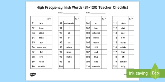 High Frequency Irish Words (81-120) Teacher Checklist Gaeilge