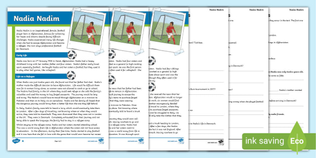 UKS2 Nadia Nadim Differentiated Reading Comprehension Activity