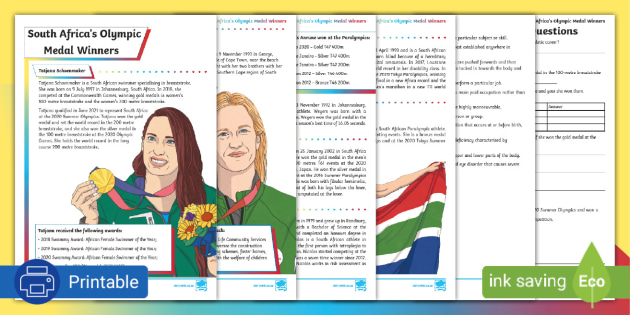 Olympic Medal Winners Comprehension | South Africa