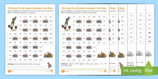 The Great Fire of London Counting in 10s Differentiated Maze Worksheets