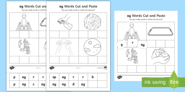 ‘ay’ Words phonics cut and stick worksheet resource.