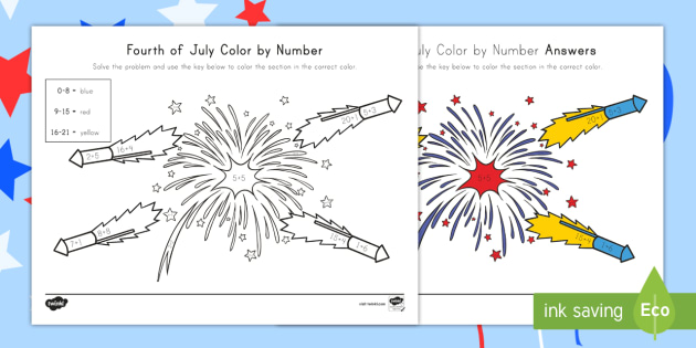 4th of July Color by Number Addition Activity