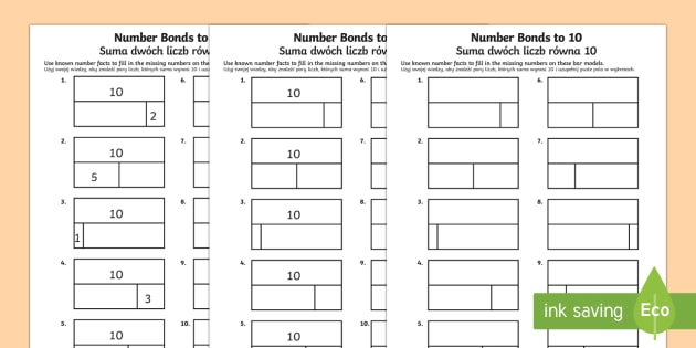 Bar Modelling Number Bonds to 10 Differentiated Worksheet / Worksheets