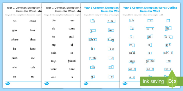 Year 1 Common Exception Words Outline Guess the Word Worksheet