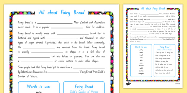 Fairy Bread Cloze Worksheet / Worksheet, worksheet