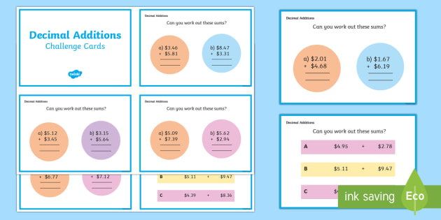 Decimals Additions Maths Challenge Cards (teacher made)