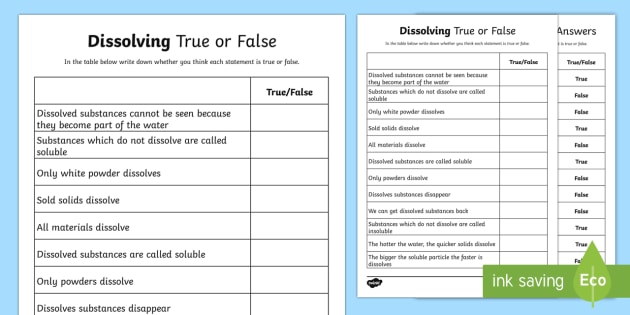 Dissolving True or False Worksheet - dissolving substances