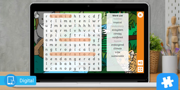 Fun Interactive Rainforest Word Search Puzzle Game