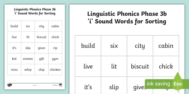 Northern Ireland Linguistic Phonics Phase 3b 'i' Sound Words for Sorting