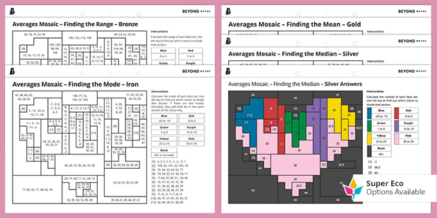 👉 Colour by Number Mosaics Pack: Mean Median Mode Range | KS3 Maths