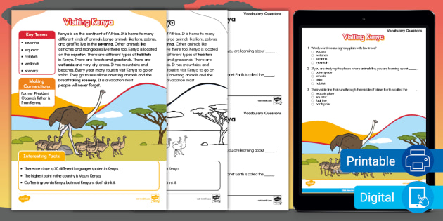 Second Grade Visiting Kenya Fact File and Vocabulary Questions