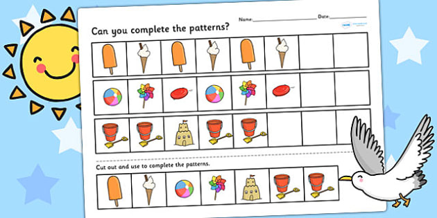 Seaside Themed Complete the Pattern Worksheet (teacher made)