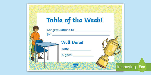 Table of the Week Certificate KS2