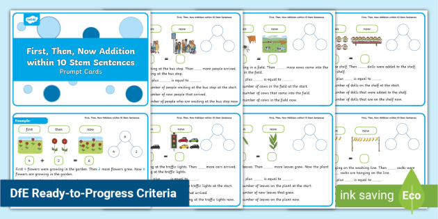 👉 First, Then, Now Addition within 10 Stem Sentences Prompt Cards