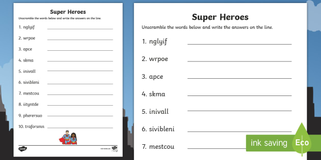 Superheroes Word Unscramble (teacher made)