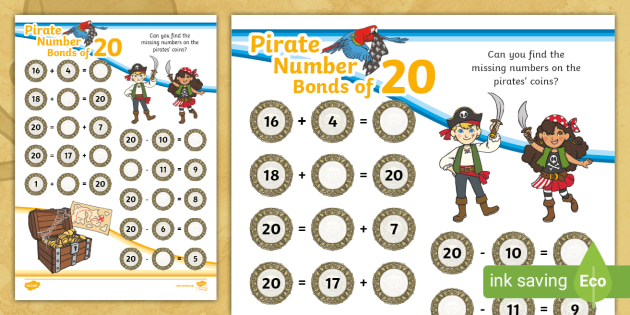 Pirate-Themed Number Bonds to 20 Worksheet (teacher made)