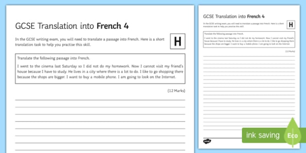 GCSE French Translation into French 4 Higher Tier Worksheet