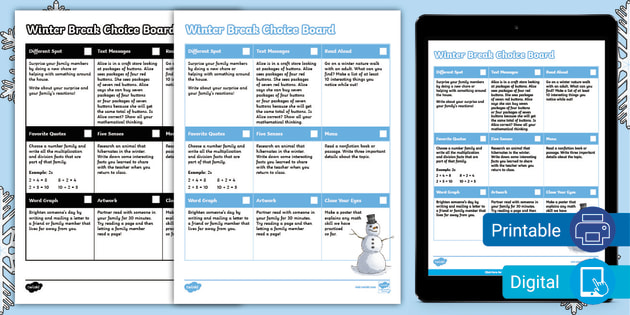 Third Grade Winter Break Choice Board (teacher made)