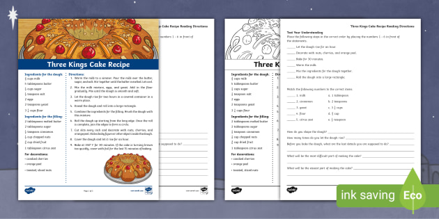 Three Kings Cake Recipe: Reading Directions Activity