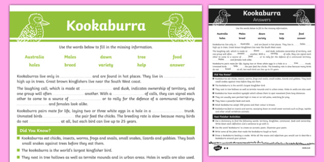 Australian Animals Years 3-6 Kookaburra Differentiated Cloze Passage ...