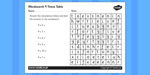 Multiplication 9 Times Tables Wordsearch Worksheet